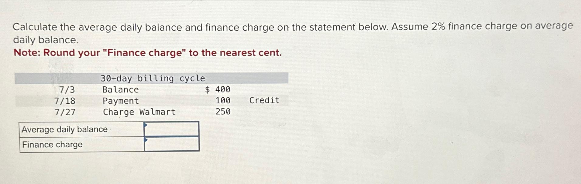 Solved Calculate the average daily balance and finance | Chegg.com