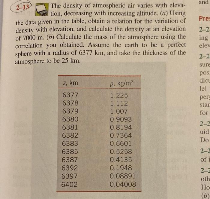 Solved and Pre 2-13 The density of atmospheric air varies | Chegg.com