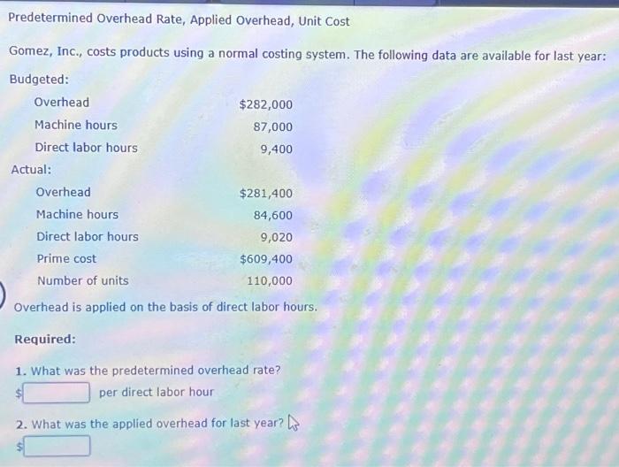 Solved Predetermined Overhead Rate, Applied Overhead, Unit | Chegg.com