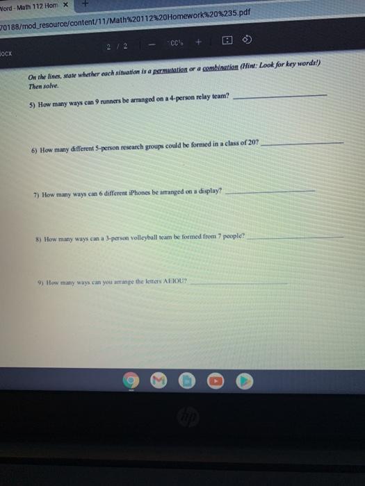 Solved Vord-Math 112 Hom X 20188/mod | Chegg.com