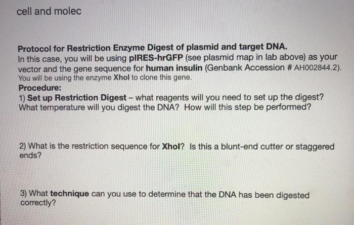 Solved cell and molec Protocol for Restriction Enzyme Digest | Chegg.com
