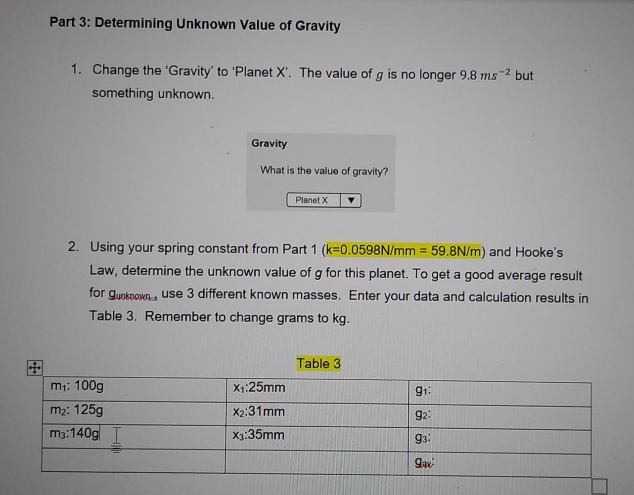 Solved Part 3: Determining Unknown Value of Gravity 1. | Chegg.com