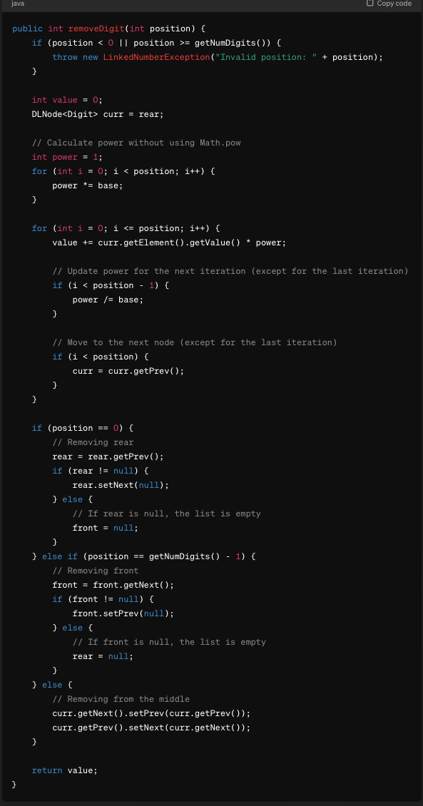 public int removeDigit(int position) {if (position | Chegg.com