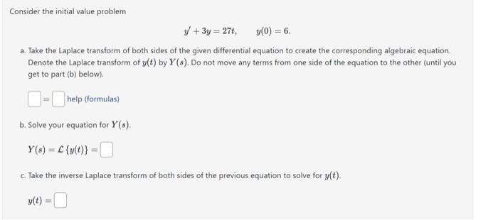 Solved Consider the initial value problem y′+3y=27t,y(0)=6 | Chegg.com