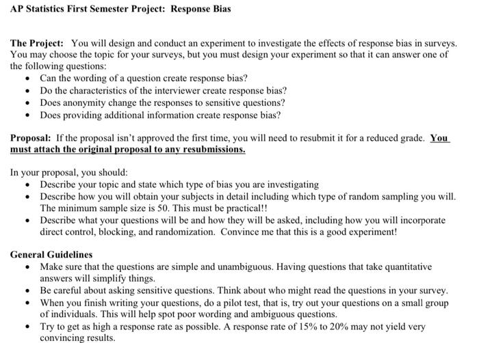 AP Statistics First Semester Project: Response Bias | Chegg.com