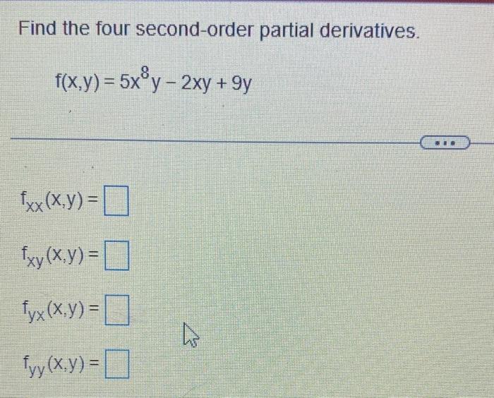 Solved Find all second order derivatives for r(x,y)=2x+3yxy | Chegg.com