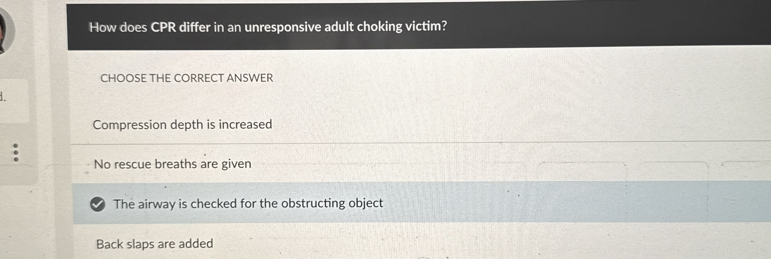 Solved How does CPR differ in an unresponsive adult choking | Chegg.com