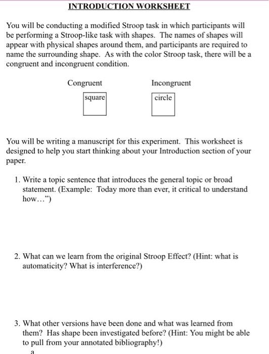 Solved INTRODUCTION WORKSHEET You will be conducting a | Chegg.com