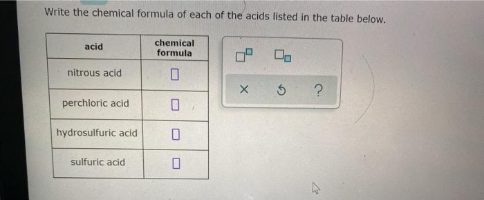 Solved Write the chemical formula of each of the acids | Chegg.com