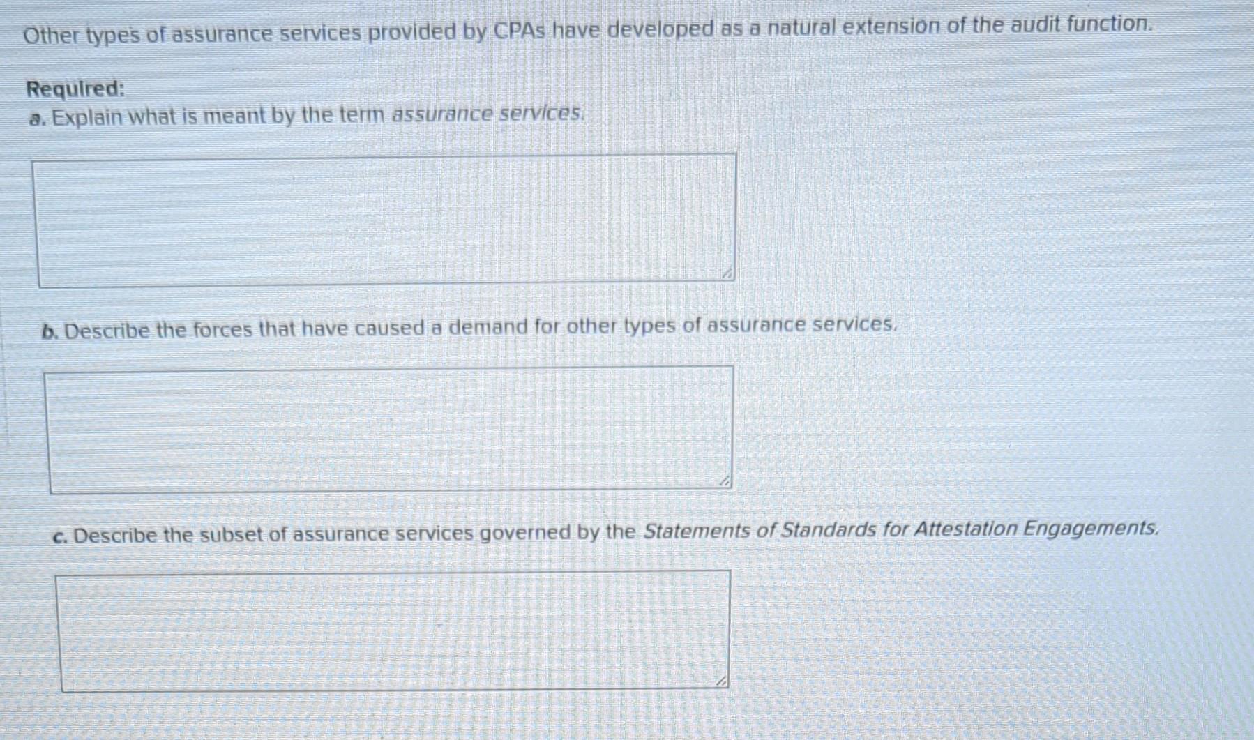 Solved Other types of assurance services provided by CPAs | Chegg.com