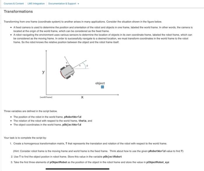 Solved Transforming from one frame (coordinate system) to | Chegg.com