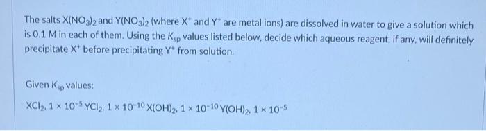 Solved The salts X(NO3)2 and Y(NO3)2 (where X+and Y+are | Chegg.com