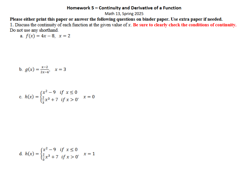 Solved Homework 5 - ﻿Continuity and Derivative of a | Chegg.com