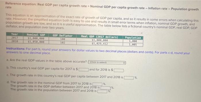 Solved Reference equation: Real GDP per capita growth rate = | Chegg.com