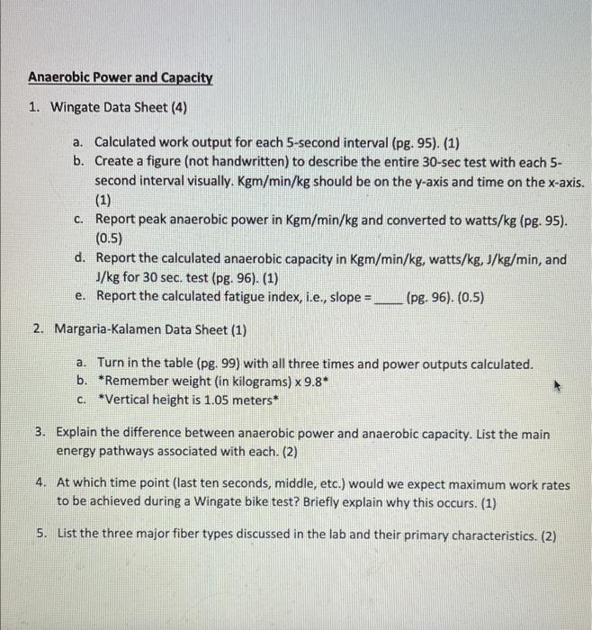 Anaerobic Power and Capacity 1. Wingate Data Sheet | Chegg.com