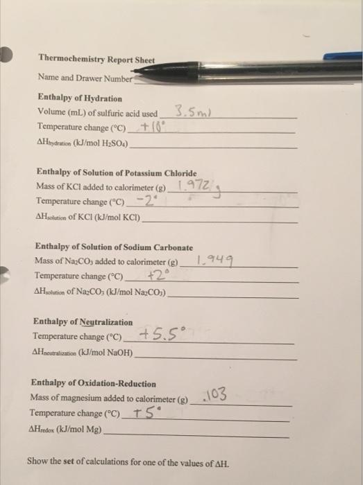 Solved Thermochemistry Report Sheet Name and Drawer Number | Chegg.com