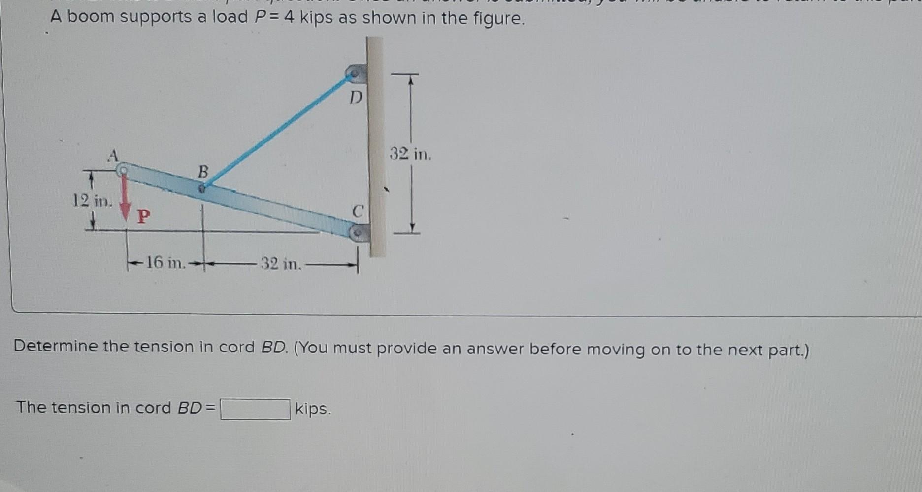 Solved A boom supports a load P=4 kips as shown in the | Chegg.com