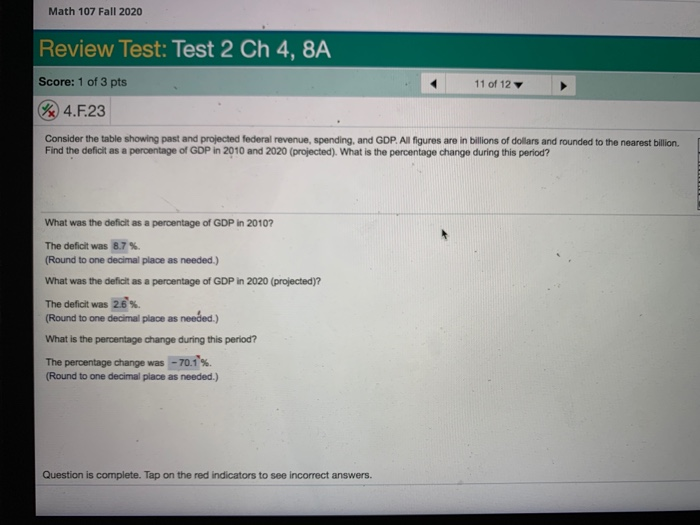 Math 107 Fall 2020 Review Test: Test 2 Ch 4, 8A | Chegg.com