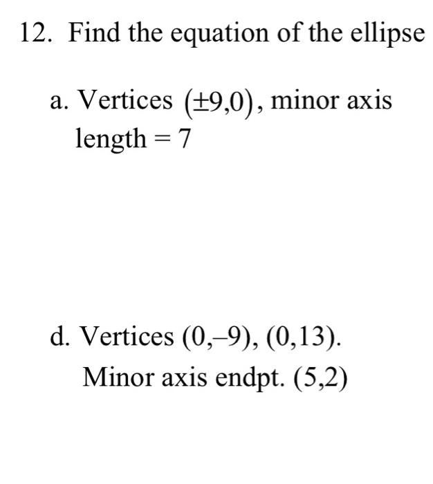 Solved 12. Find the equation of the ellipse a. Vertices | Chegg.com