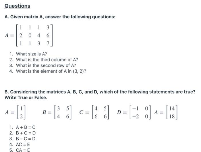 Solved Questions A. Given matrix A, answer the following | Chegg.com