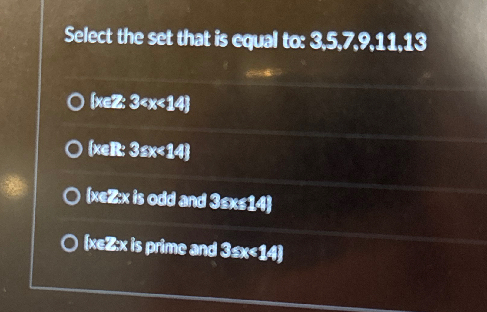 Solved Select the set that is equal to: 3,5,7,9,11,13(xe2: | Chegg.com