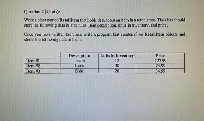 Solved Question 2 (40 pts): Write a class named RetailItem | Chegg.com