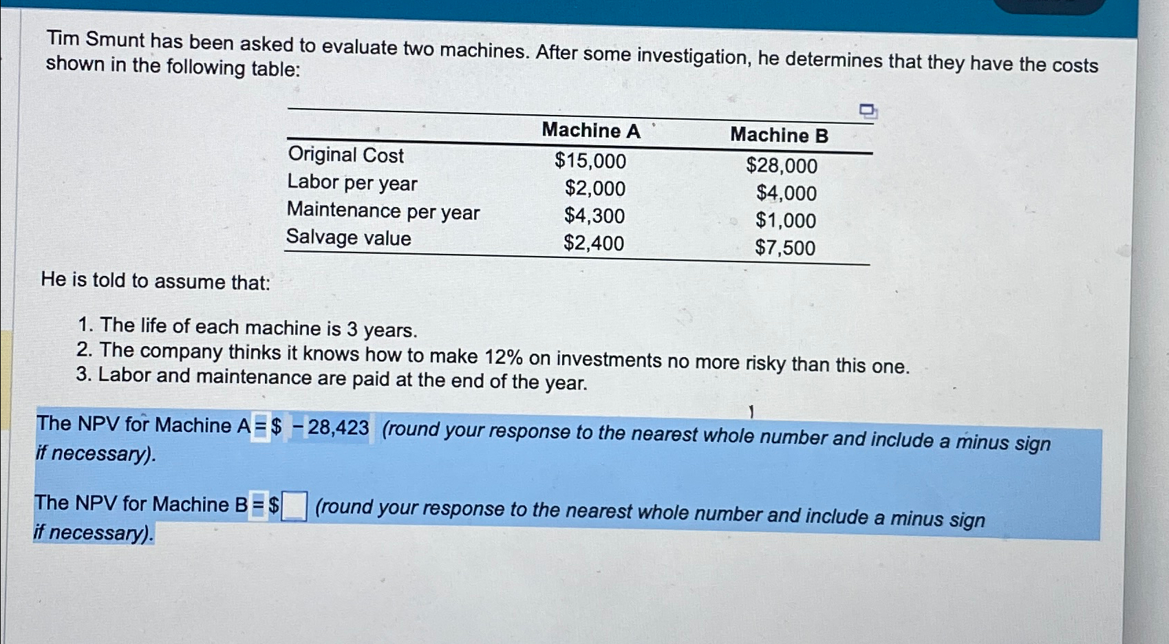 Solved Tim Smunt has been asked to evaluate two machines. | Chegg.com