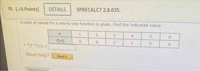 Solved -/4 Points] SPRECALC7 2.8.035. A table of values for | Chegg.com