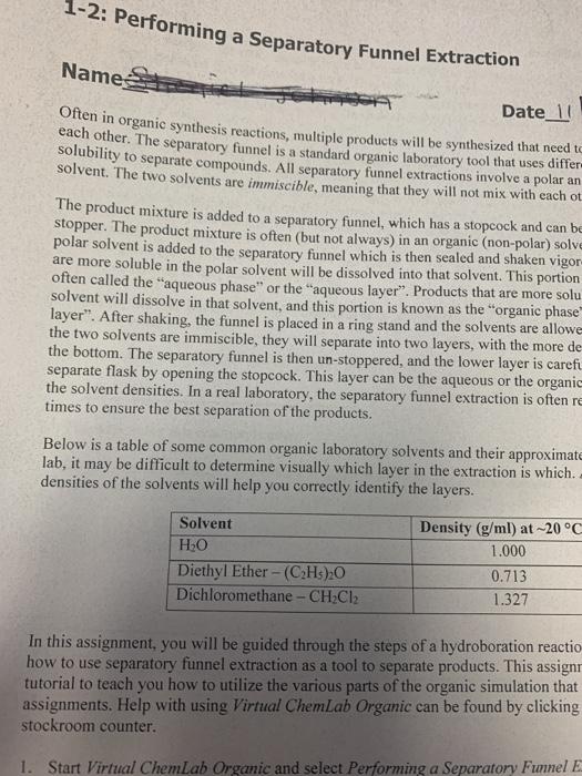 1-2: Performing a Separatory Funnel Extraction Name | Chegg.com