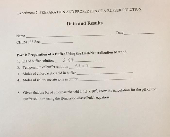 Experiment 7: PREPARATION AND PROPERTIES OF A BUFFER | Chegg.com