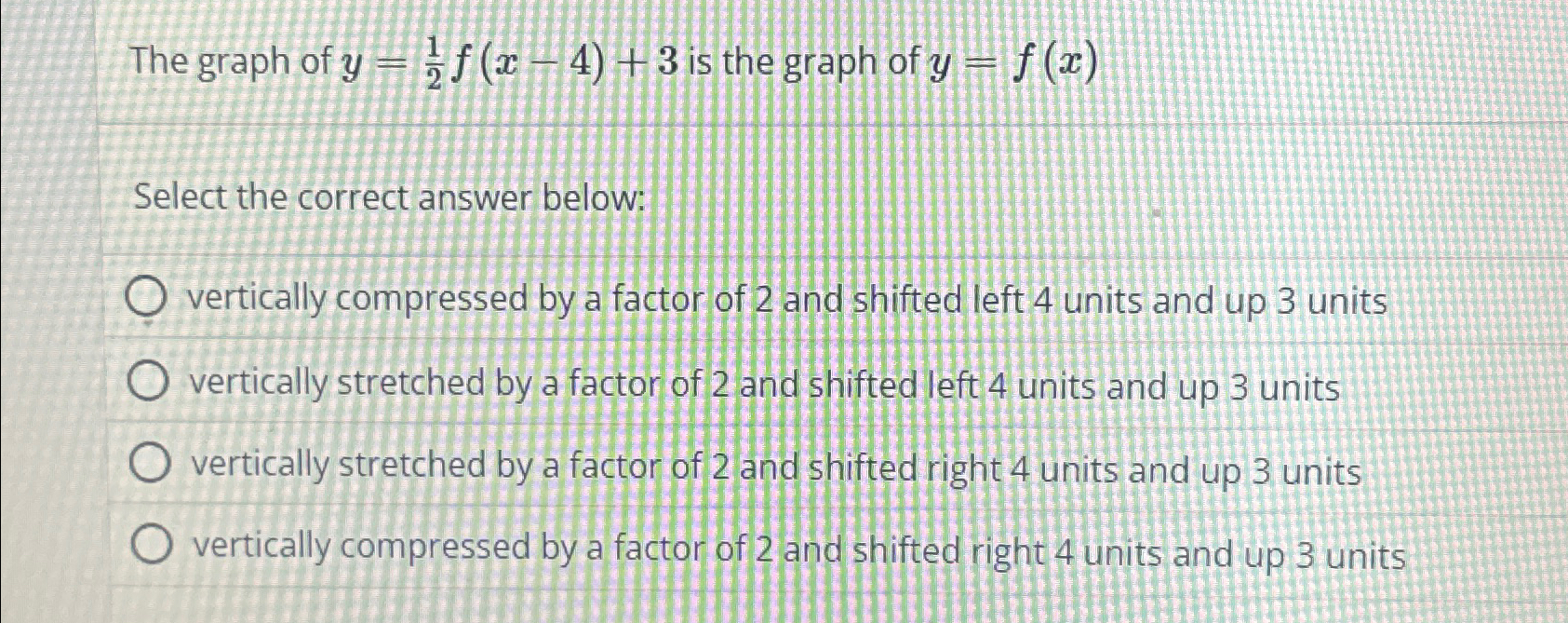 Solved The graph of y=12f(x-4)+3 ﻿is the graph of | Chegg.com