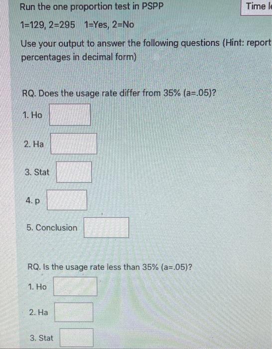 Solved Run the one proportion test in PSPP Timel 1=129, | Chegg.com
