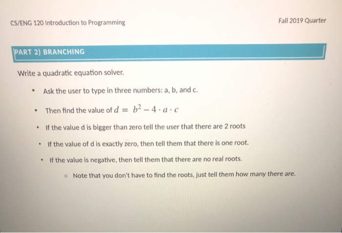 Solved CS/ENG 120 Introduction to Programming Fall 2019 | Chegg.com