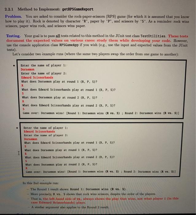2.2.1 Method to Implement: getRPSGameReport Problem. | Chegg.com
