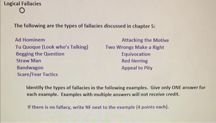 Solved Logical Fallacies The following are the types of | Chegg.com