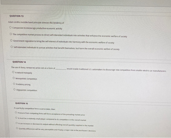 Solved QUESTION 13 Adam Smiths invisible hand principle | Chegg.com