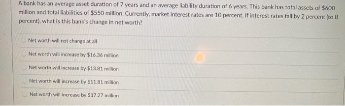 Solved A bank has an average asset duration of 7 years and | Chegg.com