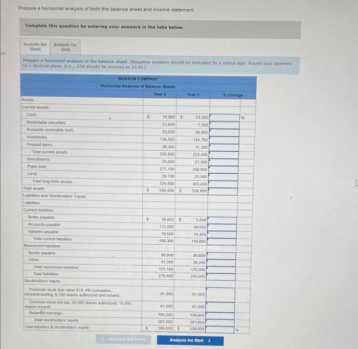 Solved Prepare a horizontal analysis of both the balance | Chegg.com