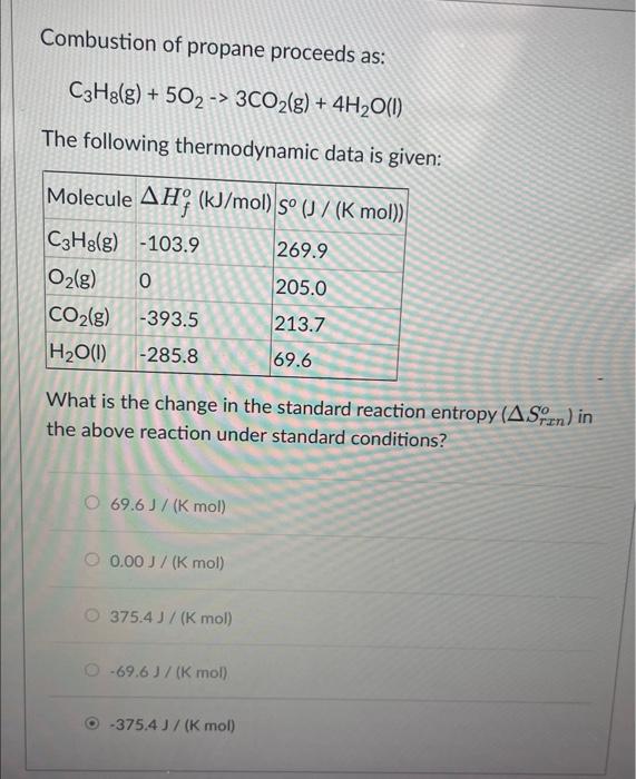 Solved Combustion of propane proceeds as: C3H8( g)+5O2→3CO2( | Chegg.com