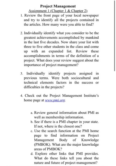 Solved Project Management Assignment 1 (Chapter 1 & Chapter | Chegg.com