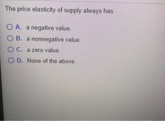 Solved The price elasticity of supply always has A. a | Chegg.com