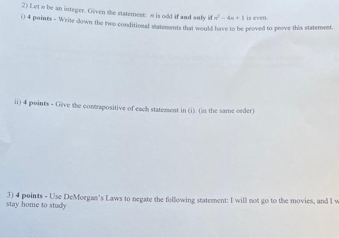 Solved 2) Let n be an integer. Given the statement: n is odd | Chegg.com