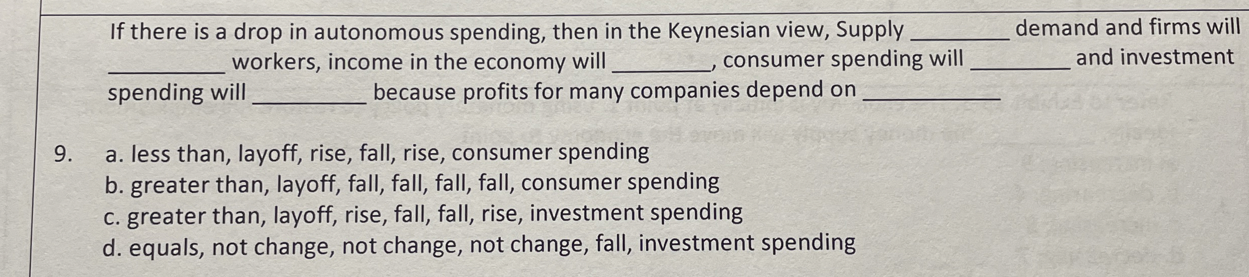 Solved If there is a drop in autonomous spending, then in | Chegg.com