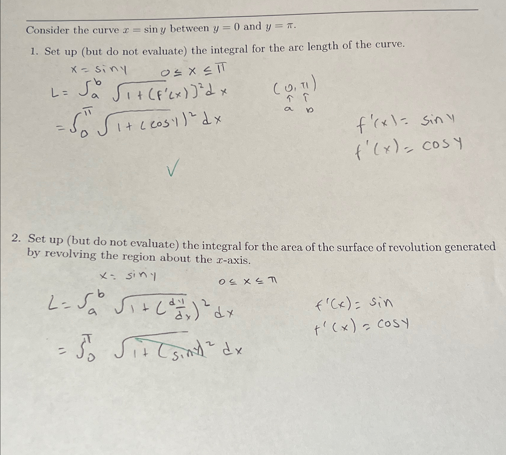 Solved Consider the curve x=siny ﻿between y=0 ﻿and y=π.Set | Chegg.com
