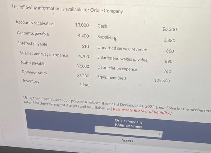 Solved The following information is available for Oriole | Chegg.com