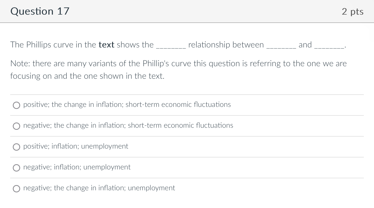 Solved Question 17The Phillips curve in the text shows | Chegg.com