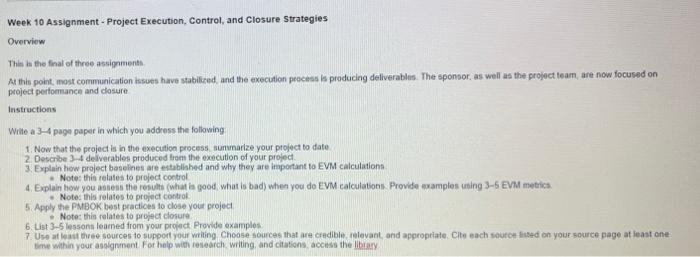 Solved Week 10 Assignment - Project Execution, Control, and | Chegg.com