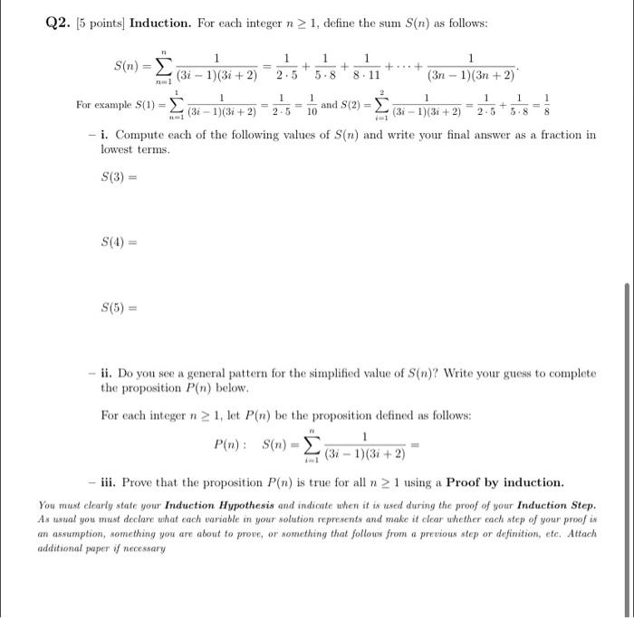 Solved Q2. [5 points ] Induction. For each integer n≥1, | Chegg.com