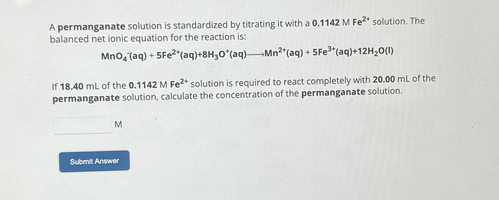 Solved A permanganate solution is standardized by titrating | Chegg.com
