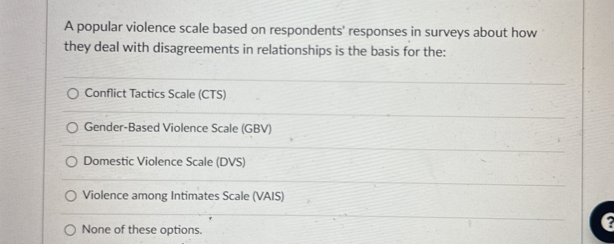 Solved A popular violence scale based on respondents' | Chegg.com